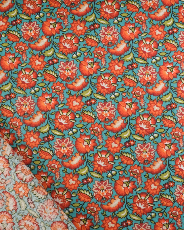 Cretonne de Coton Turquoise Motif Fleuri Rouge Orange - Mercerine